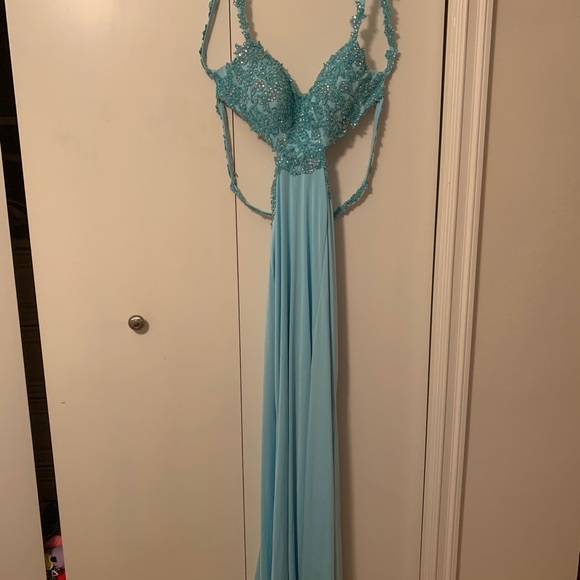 Dresses | Blue Beaded Open Back Prom Dress | Poshmark
